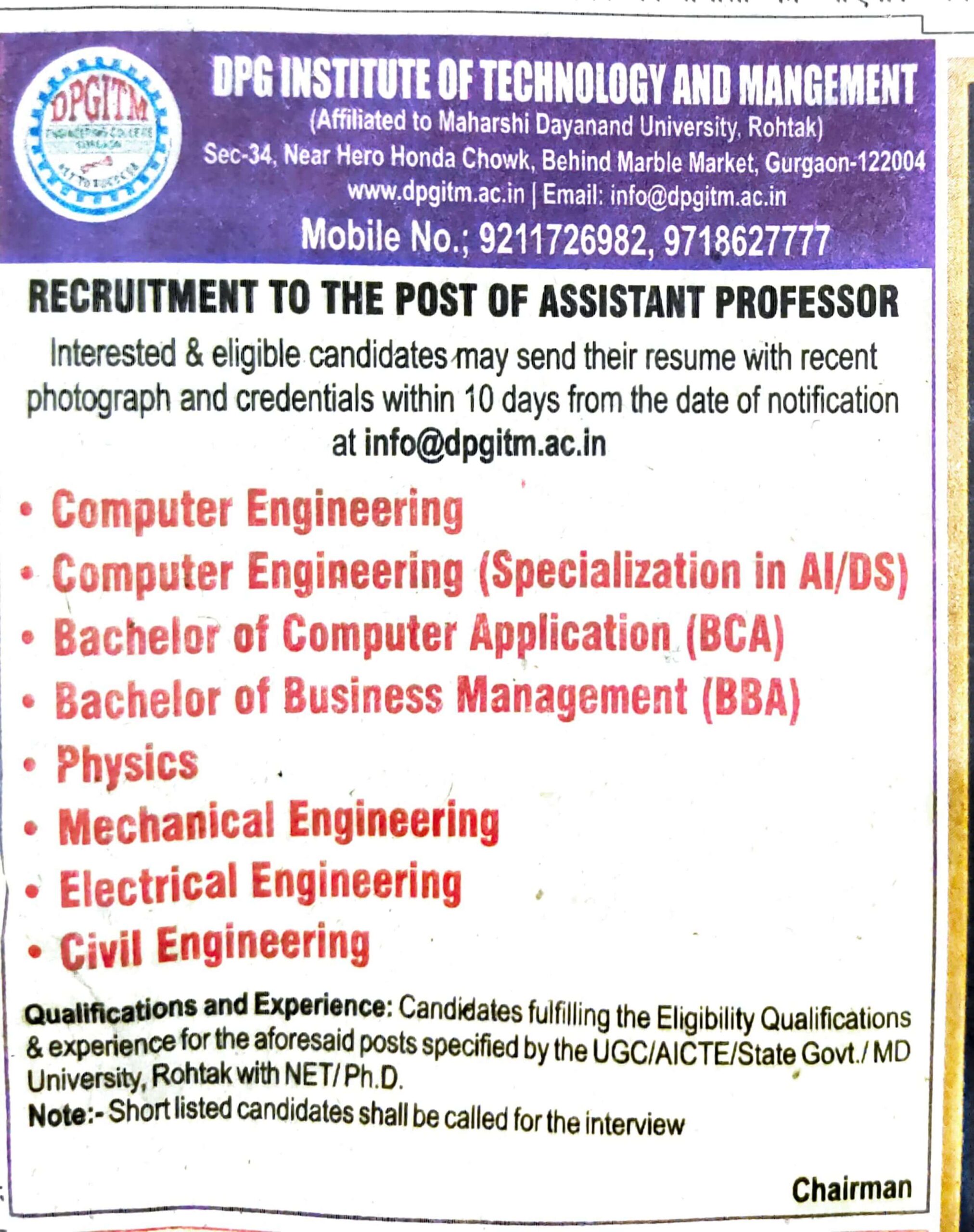 Recruitment to the Post of Assistant Professor - DPG Institute of ...
